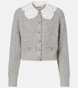 SELF-PORTRAIT Embellished Lace-trimmed Cardigan In Heather - Grey