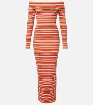 BANANHOT Bonnie Ribbed-knit Striped Off-shoulder Maxi Dress - Multicoloured
