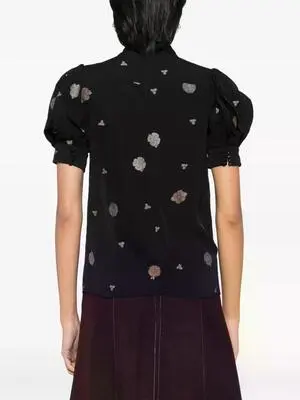 Chloé Embroidered High-neck Bishop Sleeve Silk Top