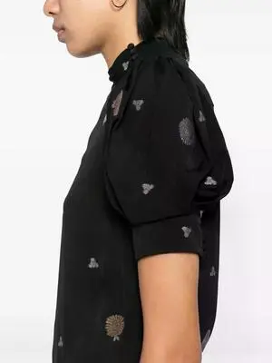 Chloé Embroidered High-neck Bishop Sleeve Silk Top