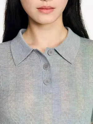 Sandro Pointelle-knit Wool Polo Top - Grey