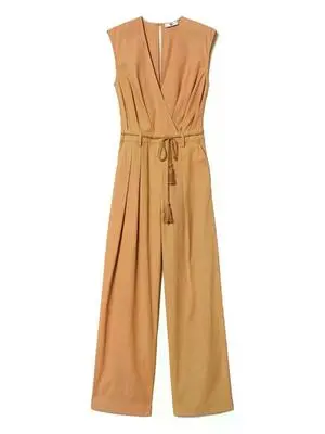 TWINSET Sleeveless V-neck Pinstriped Jumpsuit With Belted Waist - Neutrals