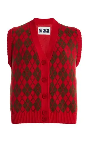 La Veste Arlequín" Argyle Knit Wool Vest - Red