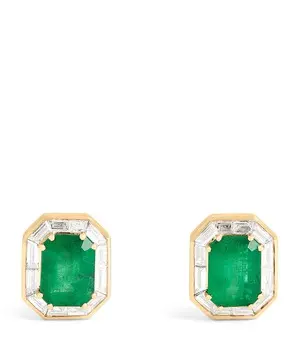 Shay Yellow Diamond, And Emerald Halo Earrings - Gold