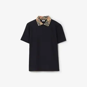 Burberry Check Collar Cotton Polo Shirt - Navy