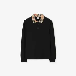Burberry Long-sleeve Check Collar Cotton Polo Shirt - Black