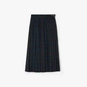 Burberry Pleated Check Wool Blend Skirt - Dark Clay Blue