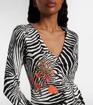 Blumarine Printed Ribbed-knit Cardigan With Detachable Collar