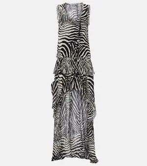 Blumarine Zebra Print Asymmetric Chiffon Mini Dress - Black