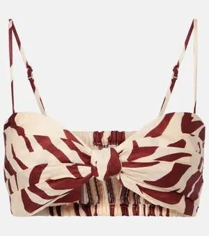 Johanna Ortiz Pleated Printed Linen Bra Top - Beige