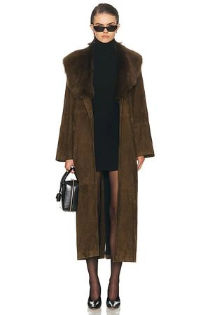 Nour Hammour Briona Suede Coat With Fur Trim - Deep Olive