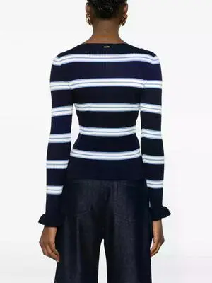 TWINSET Striped Ribbed Knit Boat Neck Top With Ruffled Cuffs