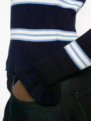 TWINSET Striped Ribbed Knit Boat Neck Top With Ruffled Cuffs