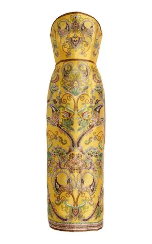 ALEMAIS Strapless Printed Twill Midi Dress - Yellow