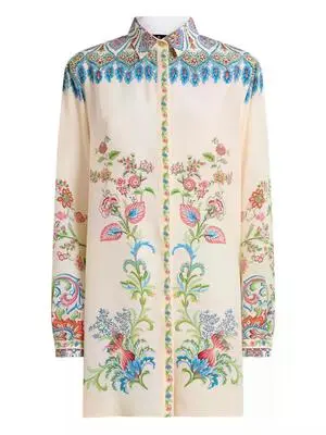Etro Long Silk Shirt With Placed Floral Print