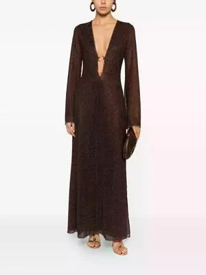 Oseree Maxi Dress With V-neck And Ring Detail - Brown