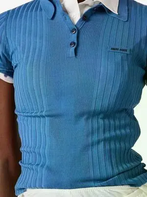 Miu Miu Ribbed Knit Logo Plaque Polo Top