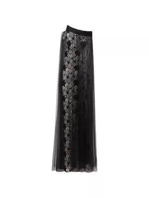 GEMY MAALOUF Asymmetric Tulle Overlay Embroidered Maxi Dress - Black