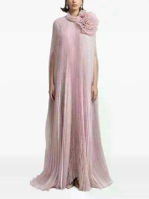 GEMY MAALOUF Pleated Maxi Dress With Flower Detail - Pink