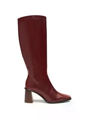 ALOHAS Square Toe Zip Up Block Heel Boots - Red