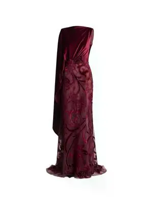 GEMY MAALOUF Velvet Trim Embroidered Maxi Dress - Red