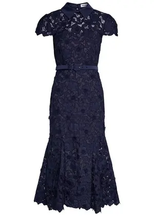 SELF-PORTRAIT Belted Guipure Lace Midi Dress - Navy