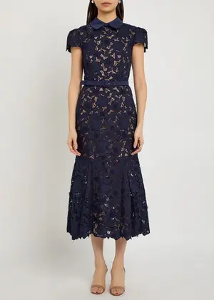 SELF-PORTRAIT Belted Guipure Lace Midi Dress - Navy