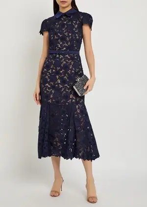 SELF-PORTRAIT Belted Guipure Lace Midi Dress - Navy
