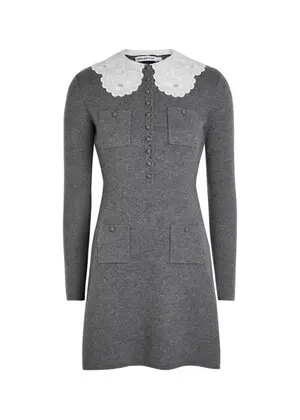 SELF-PORTRAIT Knit Mini Dress With Embroidered Peter Pan Collar