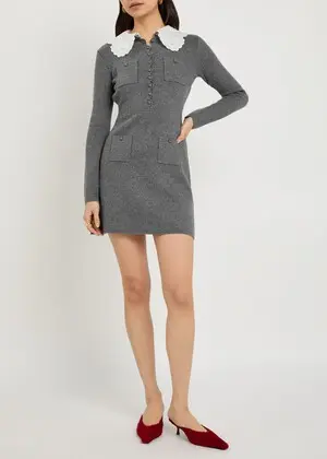 SELF-PORTRAIT Knit Mini Dress With Embroidered Peter Pan Collar