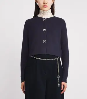 Maje Wool Rib-knit Cropped Cardigan With Bow Details - Blue