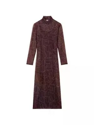 Sunnei Long Sleeve Sheer Midi Dress With Logo Pattern - Brown