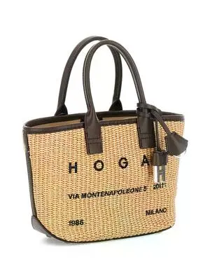 Hogan Embroidered Raffia Tote Bag With Leather Trim