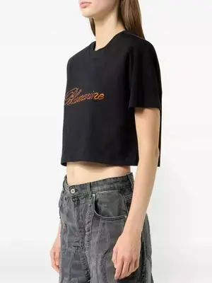 Blumarine Cotton Rhinestone Embellished Cropped T-shirt
