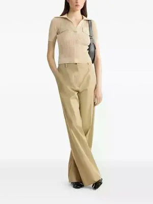 PATOU Ribbed Knit V-neck Top With Embroidered Logo - Neutrals