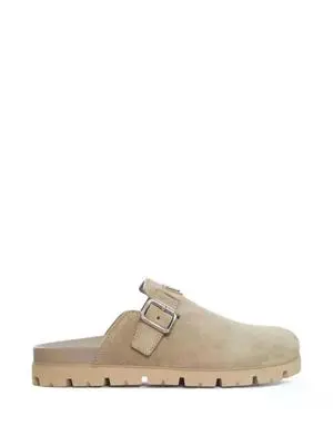 Prada Logo Buckle Suede Mules - Neutrals