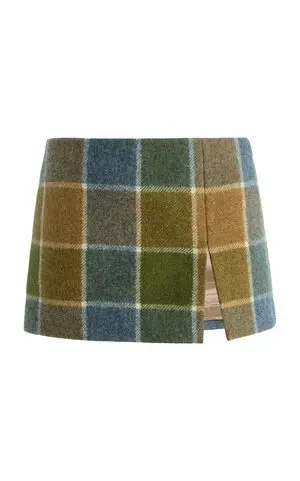 Miu Miu Checked Wool Mini Skirt With Notched Hem - Green