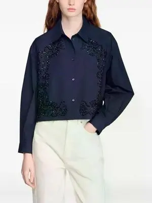 Sandro Embroidered Floral Cotton Blend Shirt