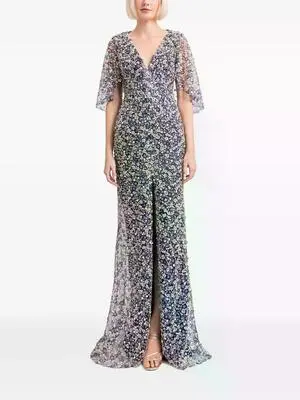 GEMY MAALOUF Beaded Cape Dress With V-neck And Front Slit - Blue