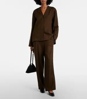 TOTEME Monogram Embroidered Flannel Pajama Pants - Brown