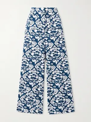 EMPORIO SIRENUSE Adele Lotus Floral-print Cotton-twill Wide-leg Trousers - Blue