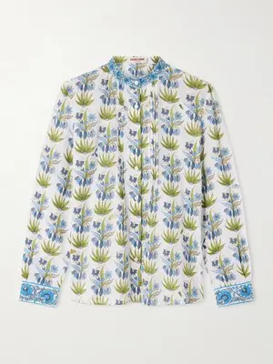 EMPORIO SIRENUSE Chiara Celestine Floral-print Pleated Cotton-voile Shirt - Blue
