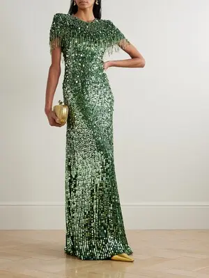 Jenny Packham Eugenie Fringed Embellished Gown - Green