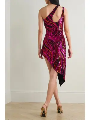 Halpern One-shoulder Sequin Tulle Mini Dress