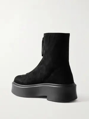 THE ROW Zipped Suede Platform Ankle Boots - Black