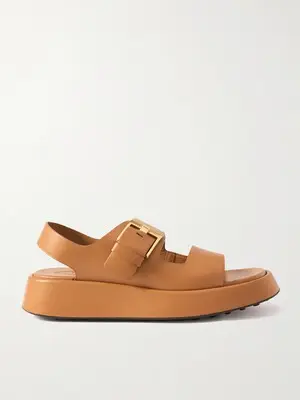 TOD'S Leather Platform Sandals With Gold-tone Buckle - Brown