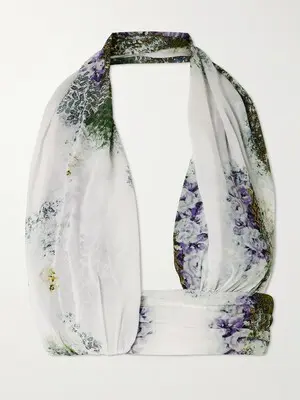 Christopher Esber Absence Cropped Printed Silk-chiffon Halterneck Top
