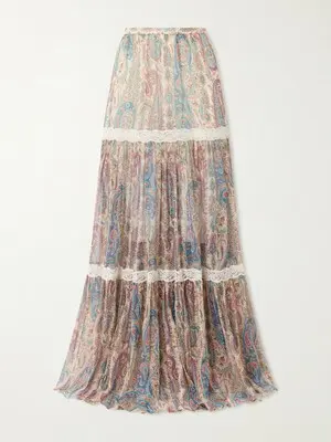 Etro Tiered Lace-trimmed Paisley-print Silk Maxi Skirt - Multi
