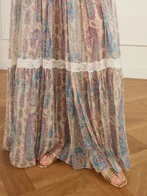Etro Tiered Lace-trimmed Paisley-print Silk Maxi Skirt - Multi