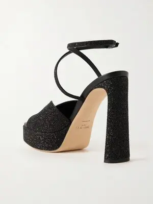 JIMMY CHOO Karly 125 Glittered Leather Platform Sandals - Black